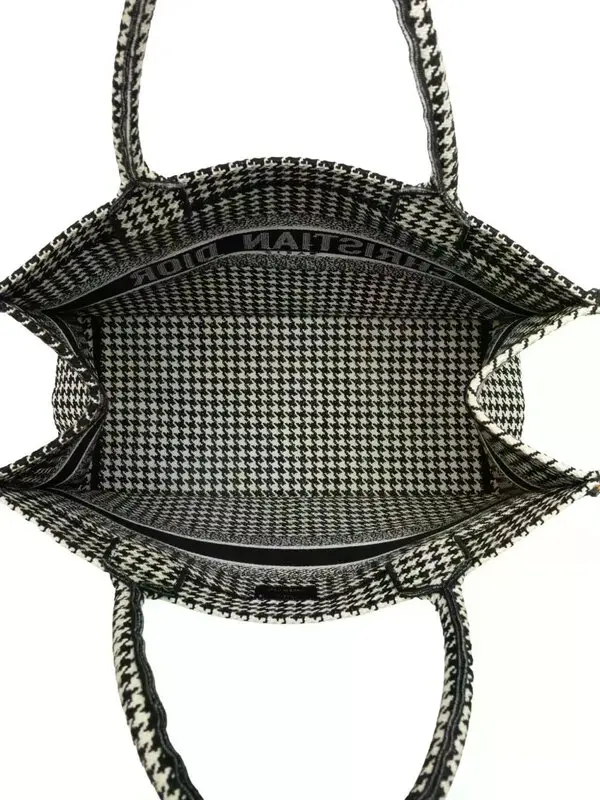 Dior 2019 Medium Canvas Houndstooth Embroidered Book Tote Bag - Black