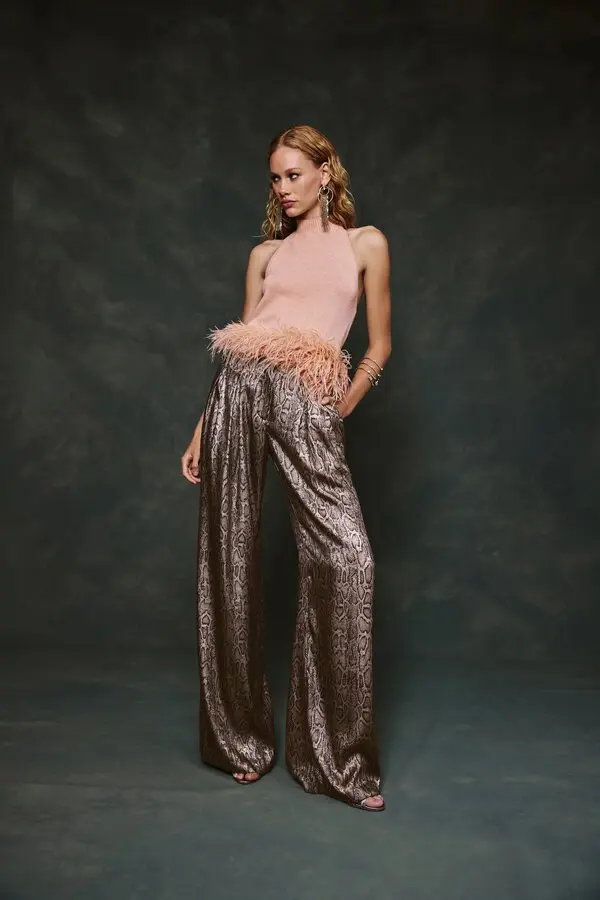 Ramy Brook Oscar Printed Metallic Pleated Wide Leg Pant