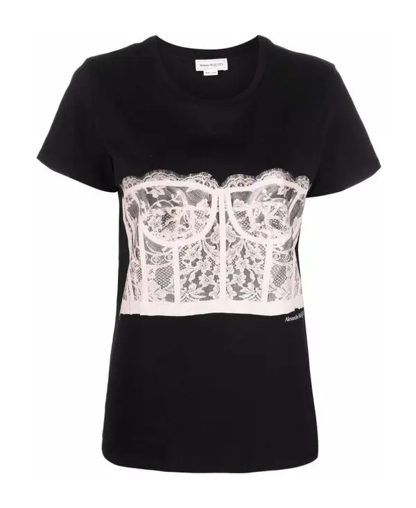 Alexander McQueen Corset Printed Crewneck T-shirt - Black
