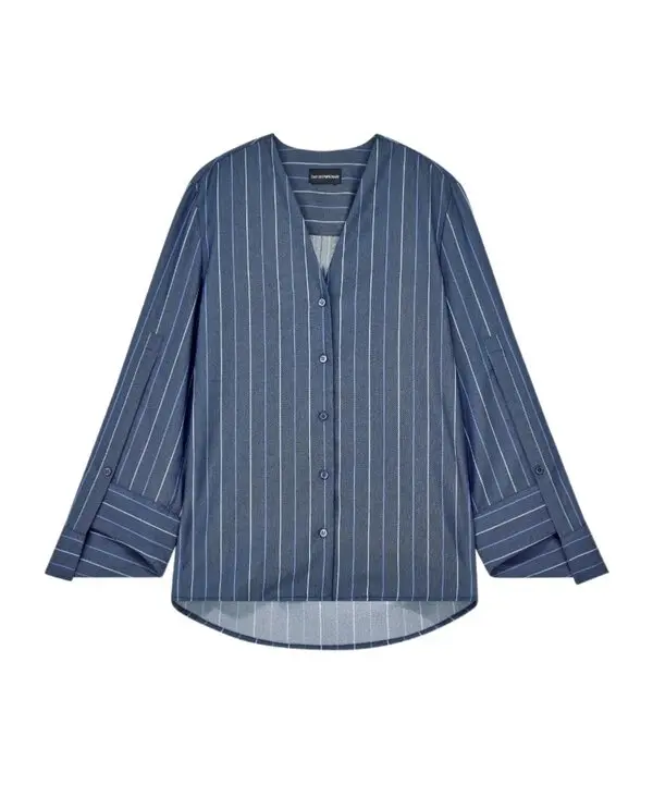 Emporio Armani Long-sleeved V-neck Shirt In Striped Jacquard Denim - Blue
