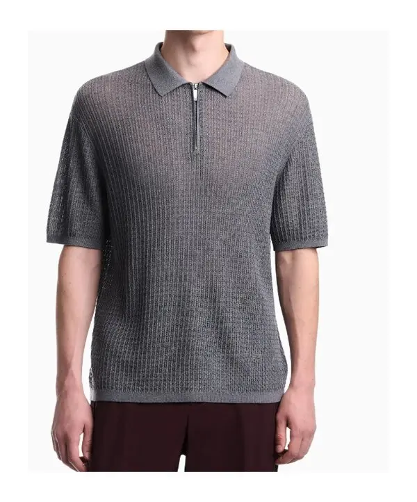 Emporio Armani Polo Collar Sweater In Wool And Lyocell Blend With Patterned Knit