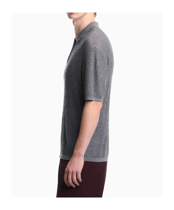 Emporio Armani Polo Collar Sweater In Wool And Lyocell Blend With Patterned Knit