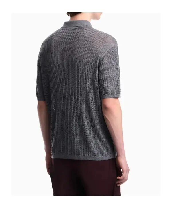 Emporio Armani Polo Collar Sweater In Wool And Lyocell Blend With Patterned Knit