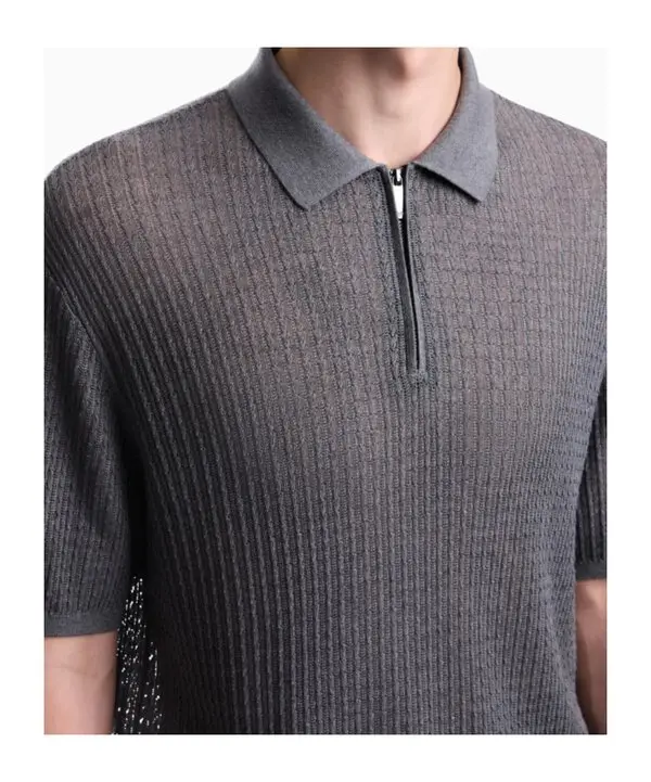 Emporio Armani Polo Collar Sweater In Wool And Lyocell Blend With Patterned Knit
