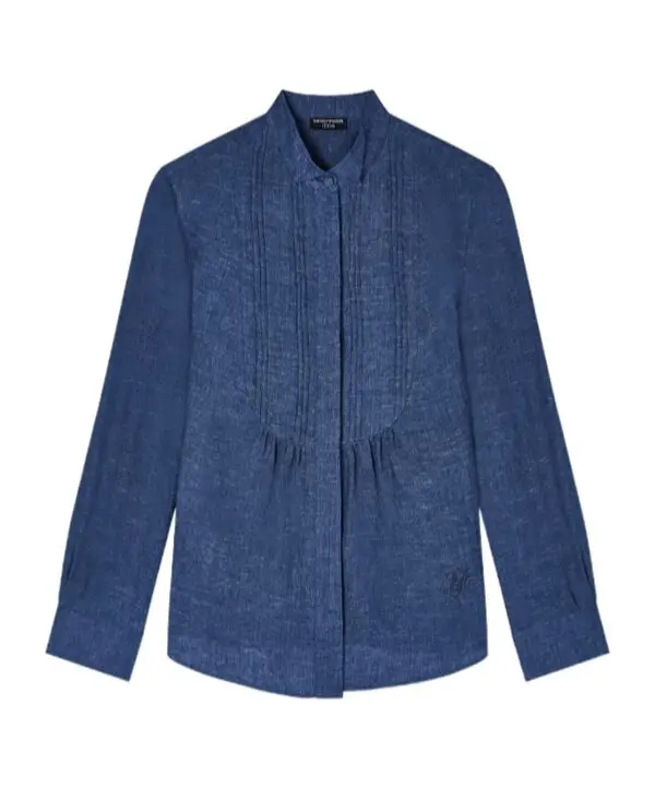Emporio Armani Icon Linen Chambray Shirt With Plastron - Blue