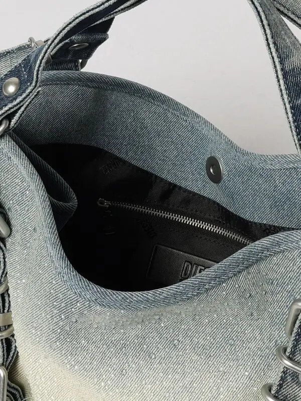 DIESEL® D-one Bleached Denim Handbag With Oval D Logo And Crystals - Blue