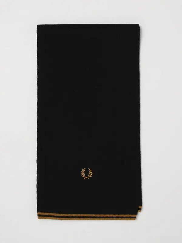 Fred Perry Striped Wool Scarf With Embroidered Logo - Black