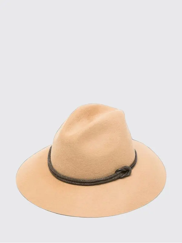 Brunello Cucinelli Wide-brimmed Wool Felt Hat With Monili - Camel