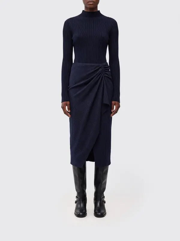 Pinko Pinstriped Knit Midi Dress With High Neck And Ruched Waist