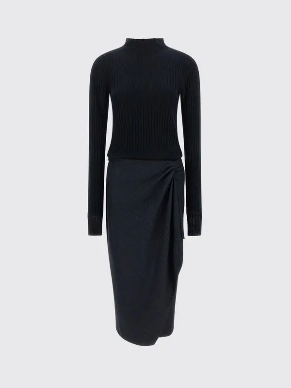 Pinko Pinstriped Knit Midi Dress With High Neck And Ruched Waist