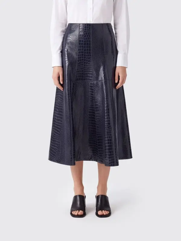 Pinko High-waisted Python Print Flared Midi Skirt In Faux Leather