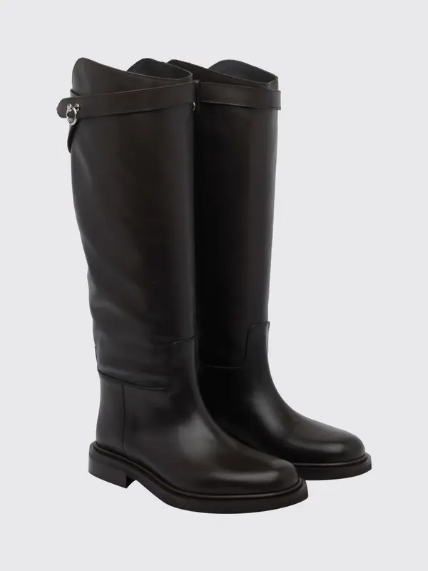 POEVE Knee-high Smooth Calfskin Leather Boots With Straps