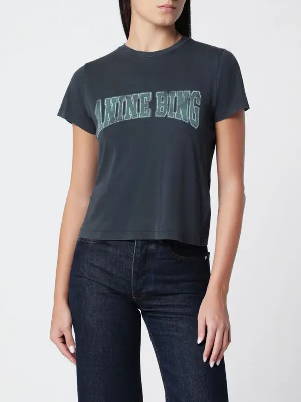 ANINE BING Cotton Crewneck T-shirt With Contrasting Logo And Short Sleeves - Black