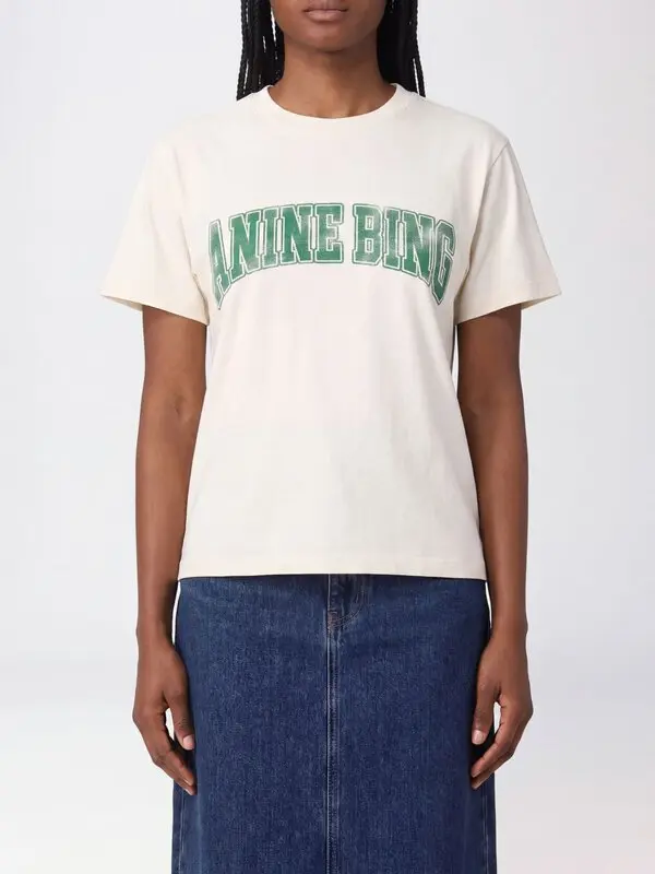 ANINE BING Cotton Crewneck T-shirt With Contrasting Logo And Short Sleeves - Ecru