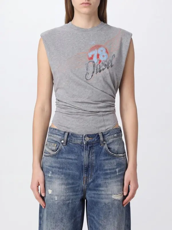 DIESEL® Sleeveless Draped Cotton Bodysuit With Graphic Print
