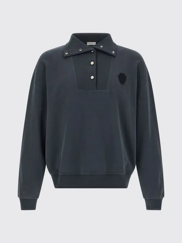 Brunello Cucinelli Cotton Polo Sweatshirt With Applied Crest Patch - Blue