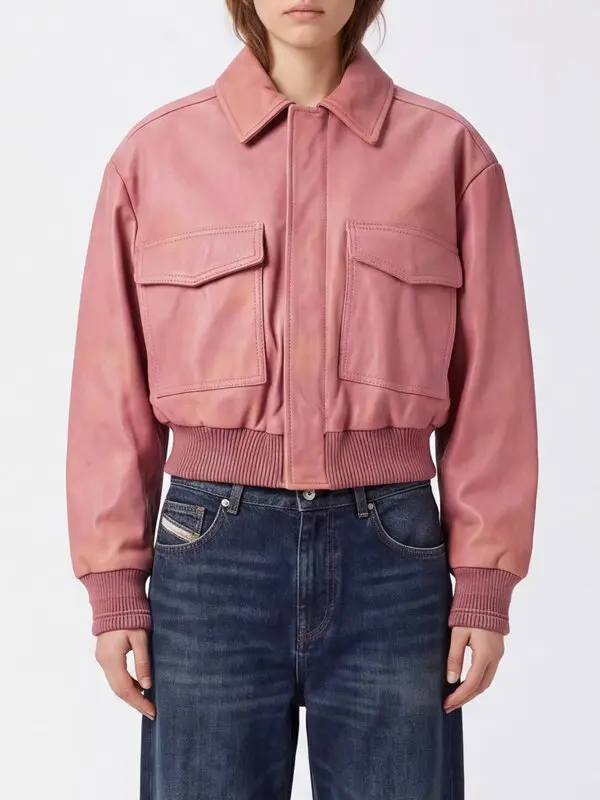 DIESEL® Cropped Distressed Lambskin Leather Bomber Jacket