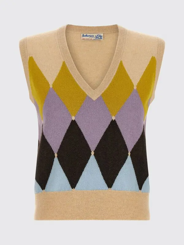 BALLANTYNE Argyle Pattern 100% Cashmere V-neck Knit Vest