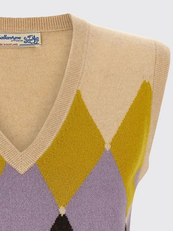 BALLANTYNE Argyle Pattern 100% Cashmere V-neck Knit Vest
