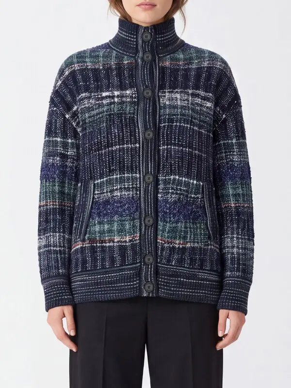 Missoni Striped Wool Blend High Neck Cardigan With Dropped Shoulders