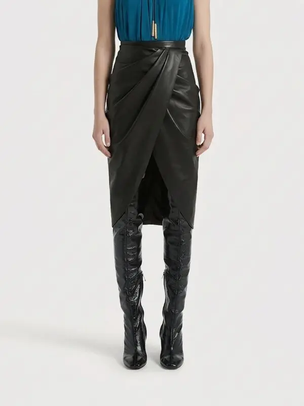 Balmain Draped Asymmetric Lambskin Leather Midi Skirt