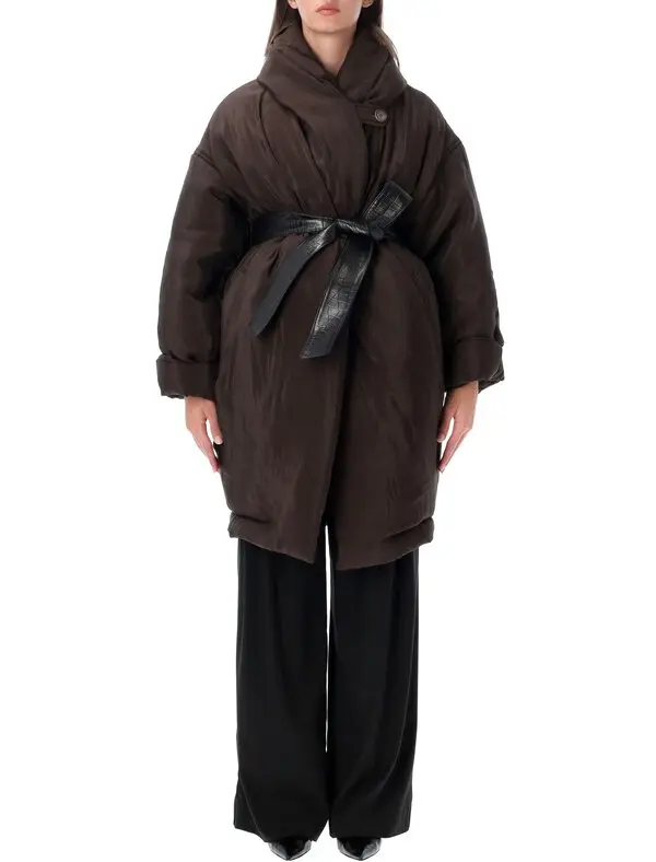 Magda Butrym Oversized Padded Mini Jacket With Voluminous High Collar And Tie Belt - Marrone