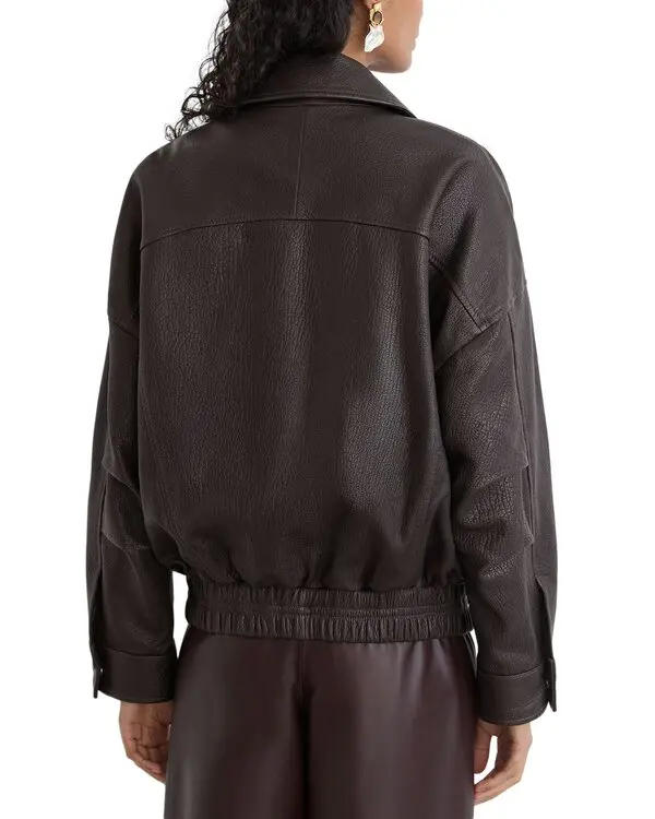 REISS Maeve Grained Leather Collared Jacket - Brown