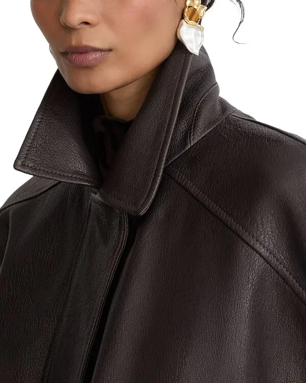 REISS Maeve Grained Leather Collared Jacket - Brown