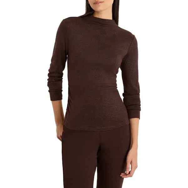 NIC+ZOE Everyday Sparkle Ruched Mock Neck Sweater - Java