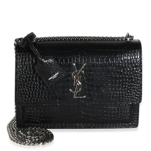 Saint Laurent Croc Embossed Calfskin Monogram Sunset Bag - Black