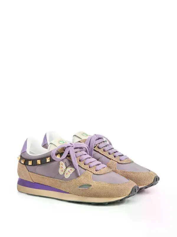 Valentino Garavani Stud Up Trainers In Split Leather And Nylon With Butterfly Embroidery - Purple