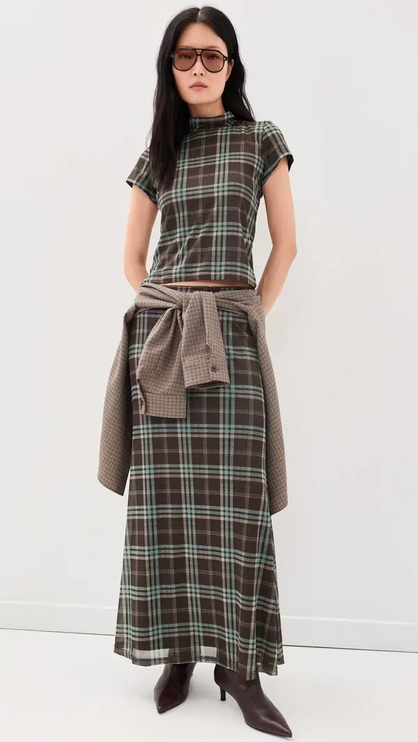 ANOTHER GIRL High Neck Check Print Mesh Top