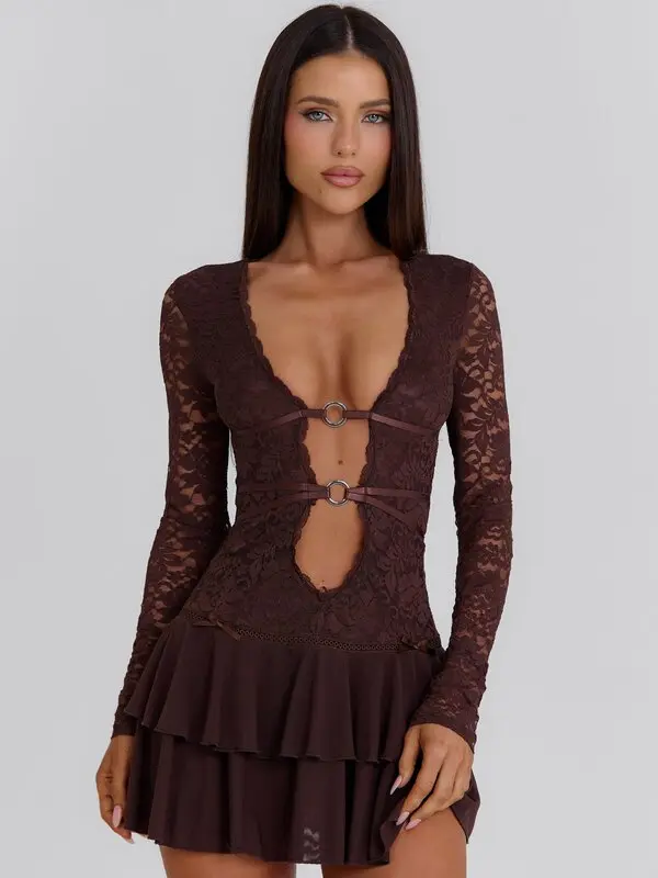 OUTCAST Santana Long Sleeve Mini Dress Chocolate