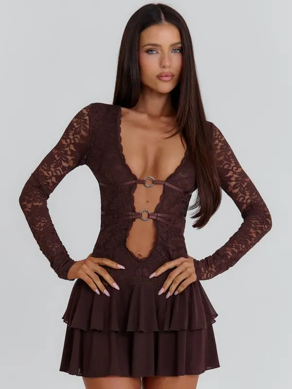OUTCAST Santana Long Sleeve Mini Dress Chocolate