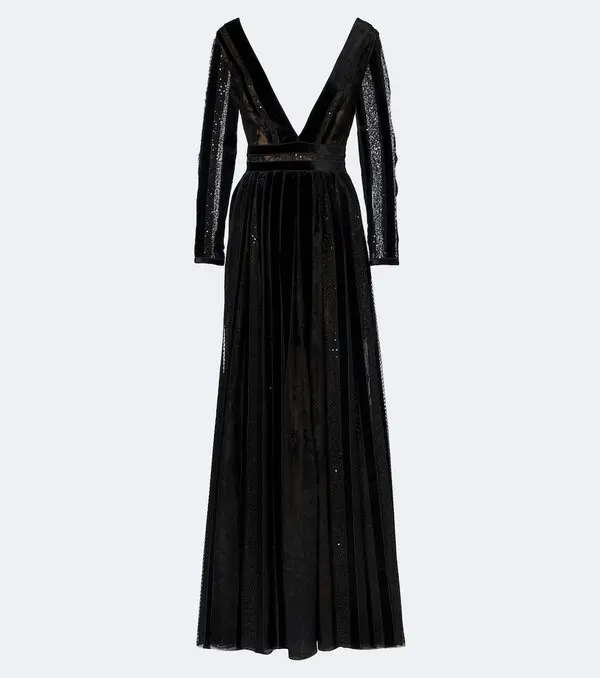Costarellos Malena Sequined Lace And Velvet Gown