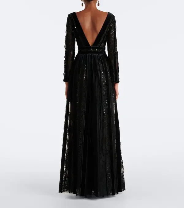 Costarellos Malena Sequined Lace And Velvet Gown