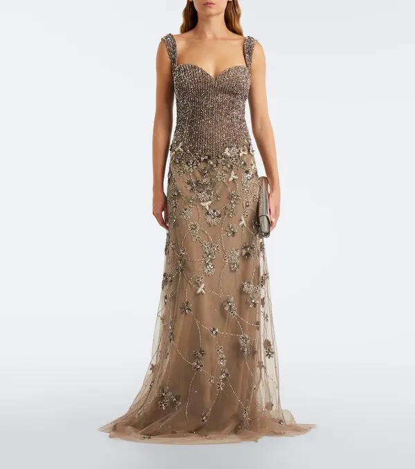 GEORGES HOBEIKA Embellished Tulle Gown - Grey