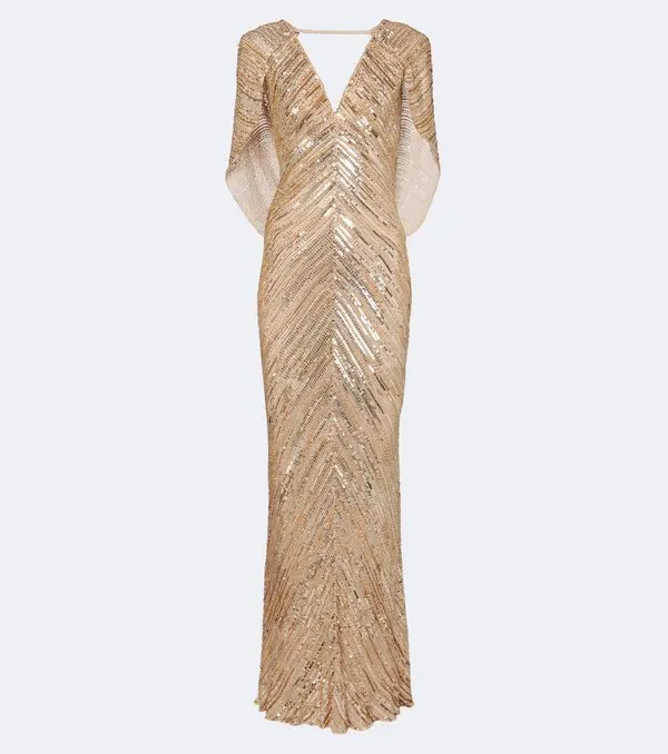 Jenny Packham Fiore Sequined Caped Gown
