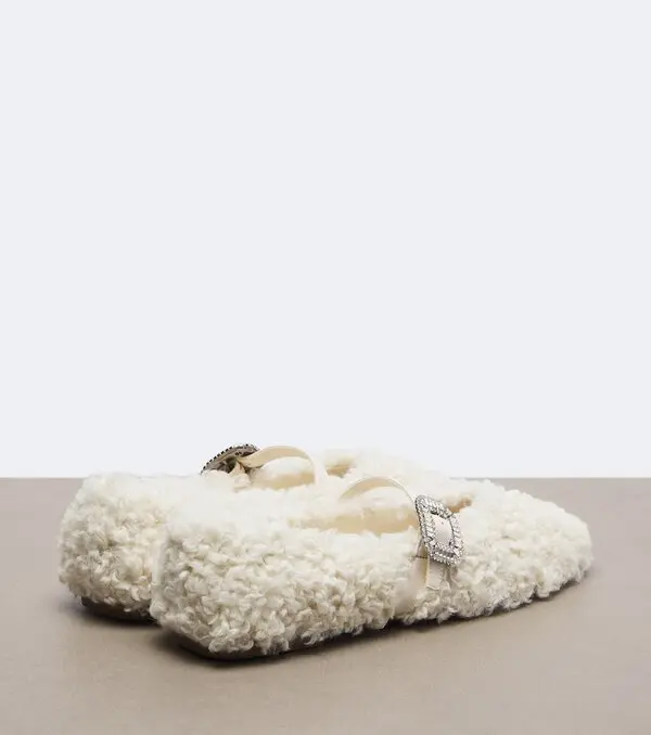 ROGER VIVIER Pilgrim Strass Shearling Mary Jane Flats