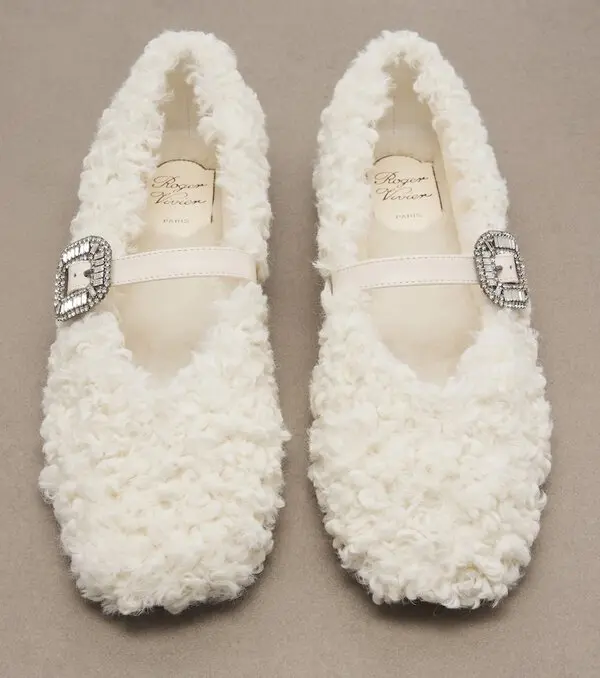 ROGER VIVIER Pilgrim Strass Shearling Mary Jane Flats