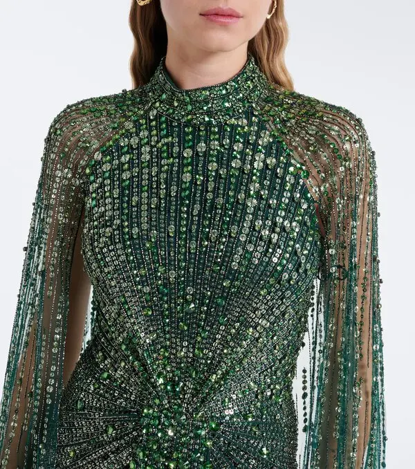 Jenny Packham Cairo Embellished Gathered Caped Gown