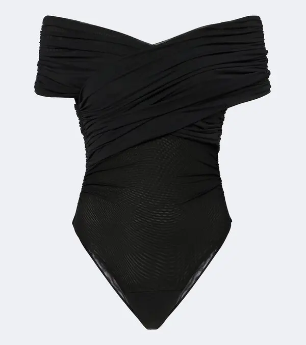 SIR. Off-shoulder Ruched Mesh Bodysuit