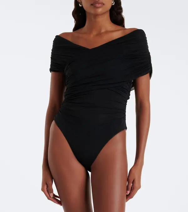 SIR. Off-shoulder Ruched Mesh Bodysuit