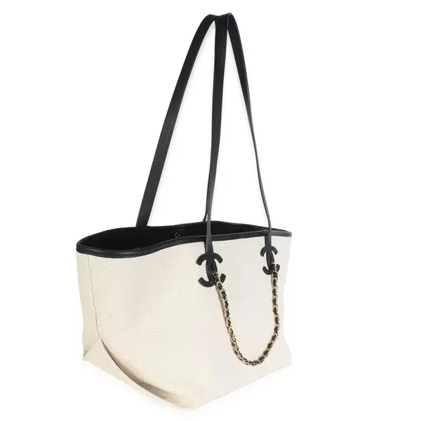 Chanel 26s Ecru Canvas Black Calfskin Cc Shopping Tote Bag