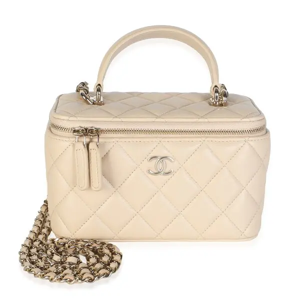 Chanel Quilted Lambskin Top Handle Vanity Case With Chain - Beige