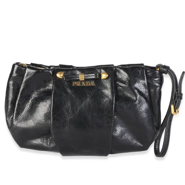 Prada Vitello Shine Pleated Bow Wristlet Clutch - Black
