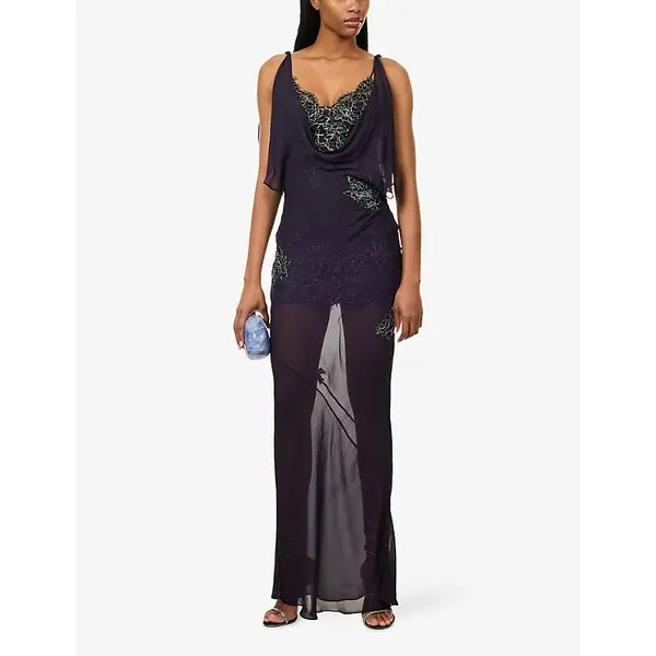 DE LA VALI Emerald Embellished Sheer Maxi Dress
