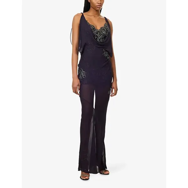 DE LA VALI Emerald Embellished Sheer Maxi Dress