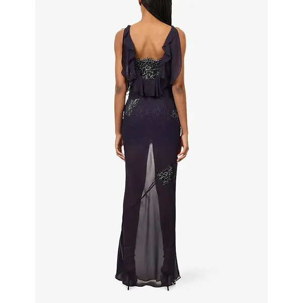 DE LA VALI Emerald Embellished Sheer Maxi Dress