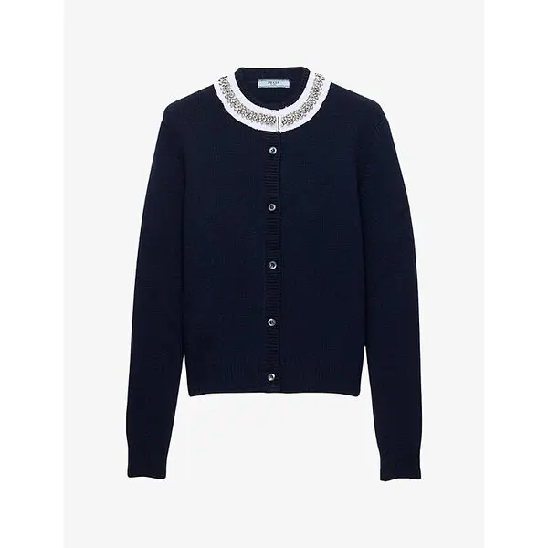Prada Jewel-embellished Collar Wool And Cashmere Cardigan